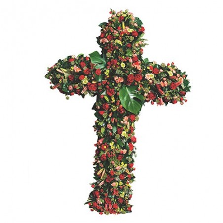 Flororus, croix composée de roses rouges et roses avec divers feuillage.