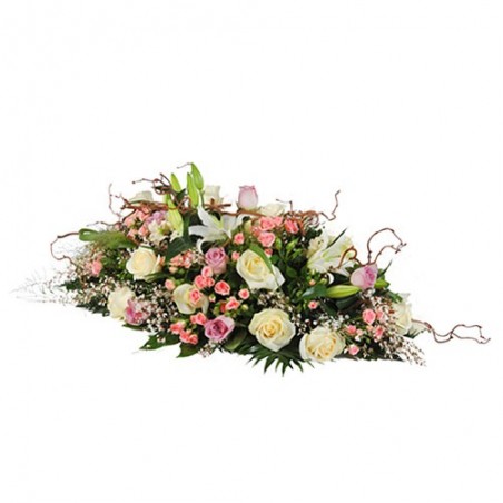 Raquette deuil pour enterrement moderne dans les tons rose et blanc